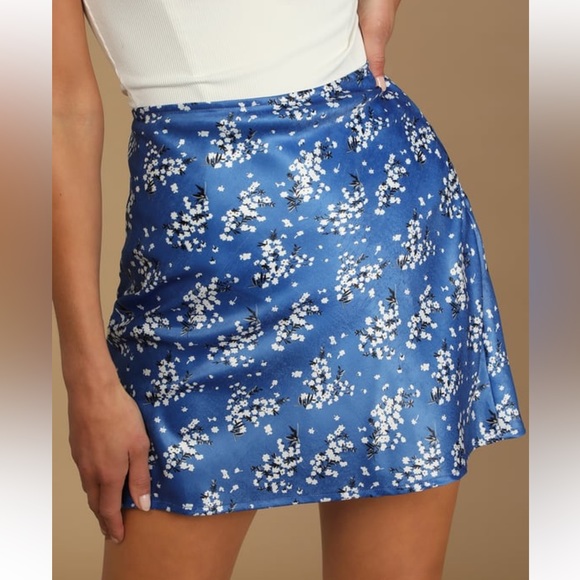 Lulus | Skirts | Stylish Situation Blue Floral Print Satin Mini Skirt ...